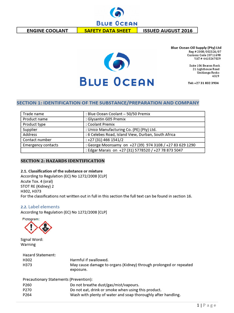 Blue Ocean Coolant MSDS Eng | Download Free PDF | Dangerous Goods ...