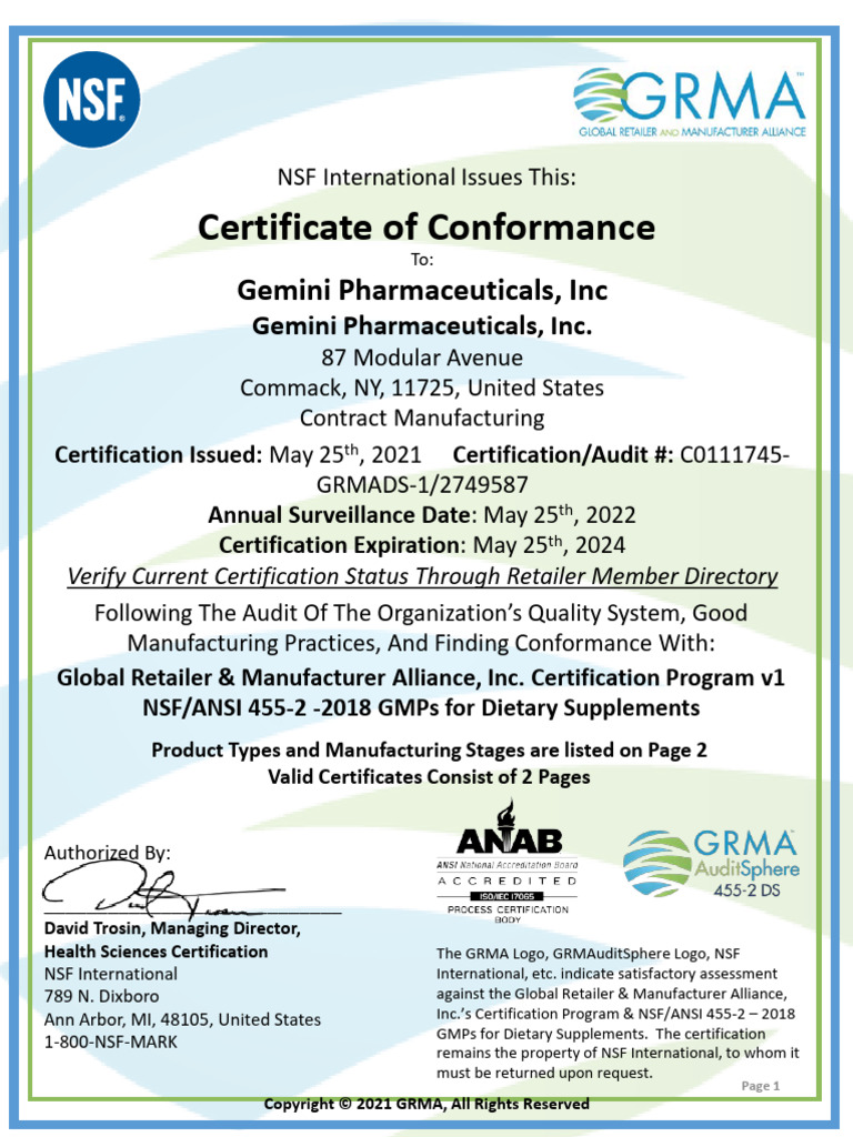 Gemini - GMP NSF ANSI Certification | PDF | Business