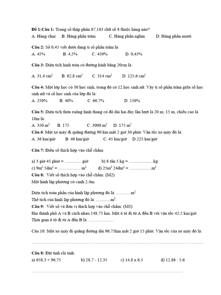 De Thi Cuoi Ki 2 Toan Lop 5 | PDF