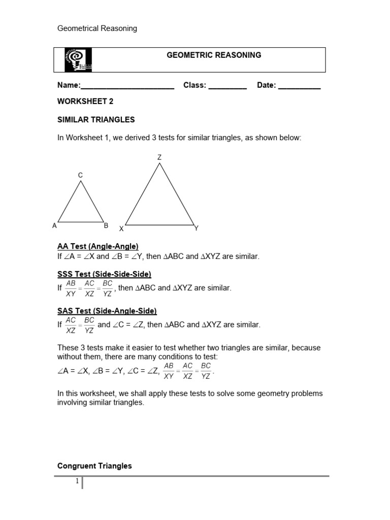 Similar Triangles: Tests and Applications | PDF | Mathematics ...