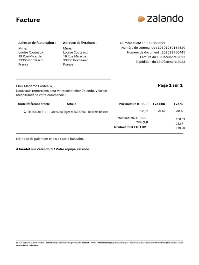 Facture d'achat Zalando - Louise Couteaux | PDF | Facture | Taxe sur la ...