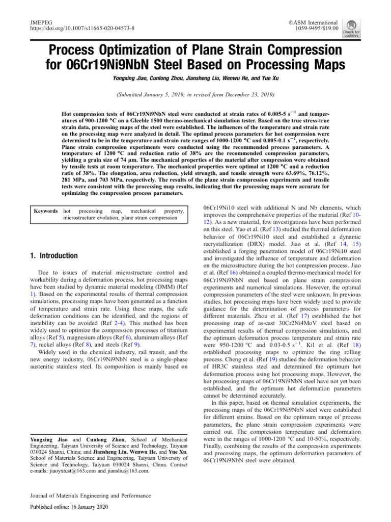 Jiao (2020) Process Optimization of Plane Strain Compression For 06Cr19Ni9NbN Steel Based On ...