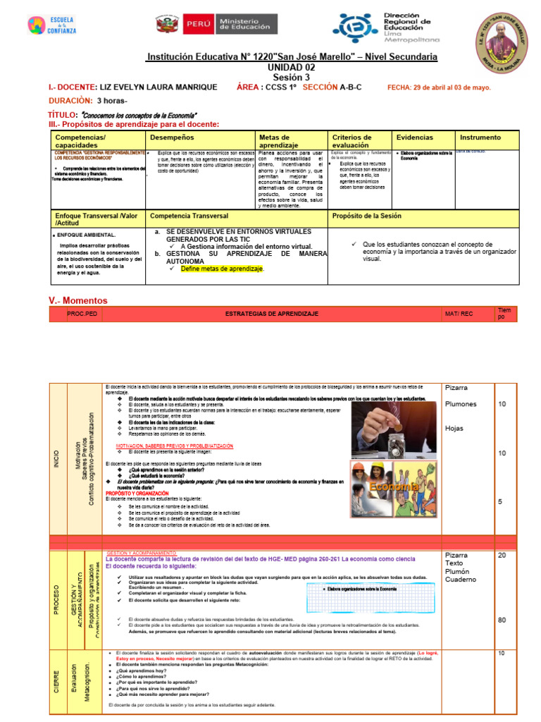 Sesion La Economia Ccss 1ero | PDF | Evaluación | Aprendizaje