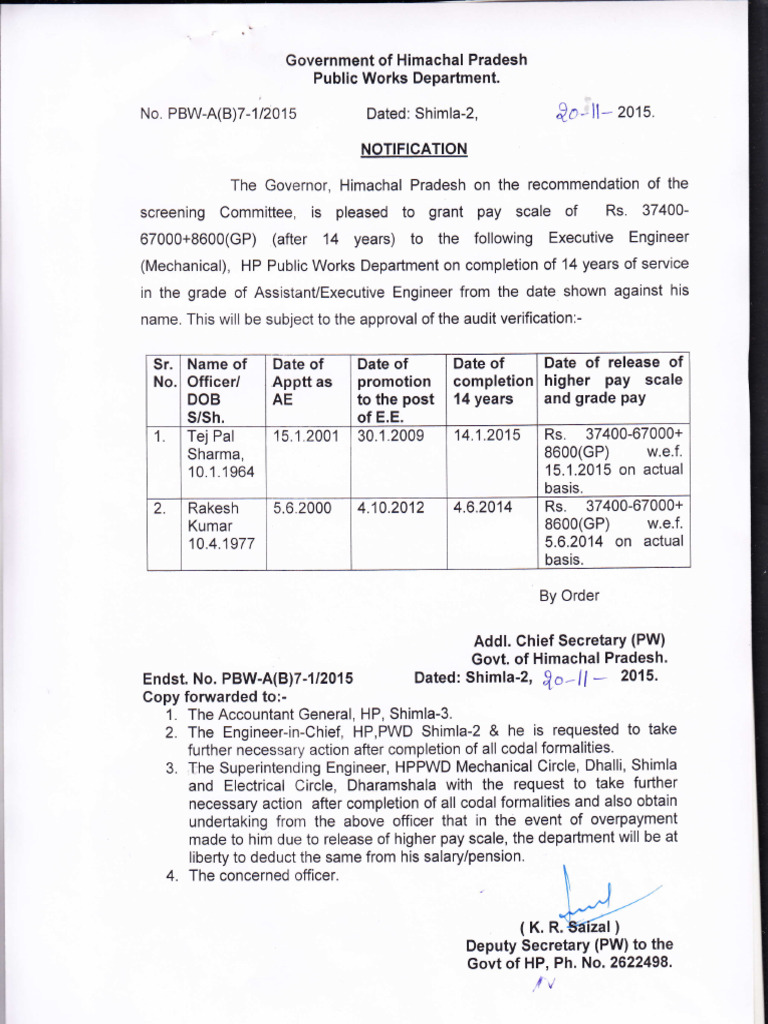 Grant Pay Scale To EE (Mech.) HPPWD | PDF | Government | Government Of ...