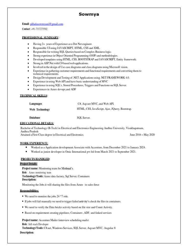 Sowmya Resume | PDF | Microsoft Sql Server | Sql