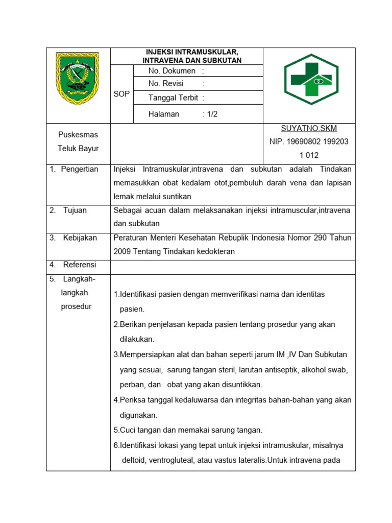 Sop Injeksi Intramuskular, Intravena Dan Subkutan | PDF