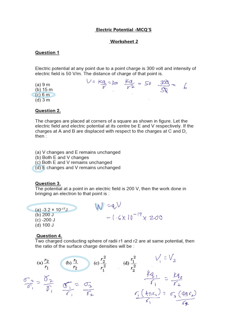 MCQ'S From Eectric Potential | PDF | Electronvolt | Electric Field