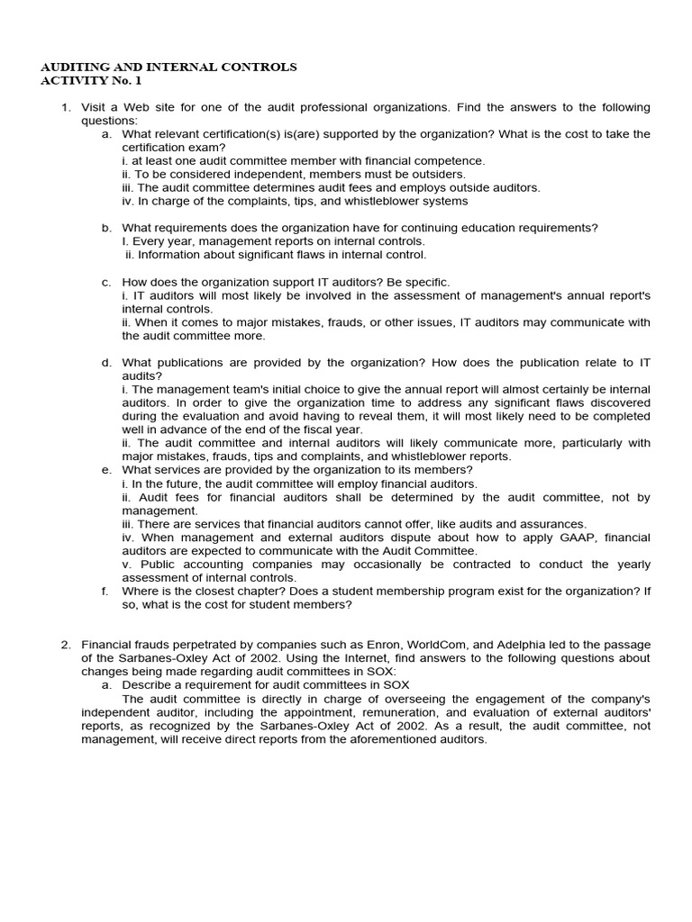 Activity 1 - Auditing and Internal Controls | PDF | Sarbanes–Oxley Act | Audit