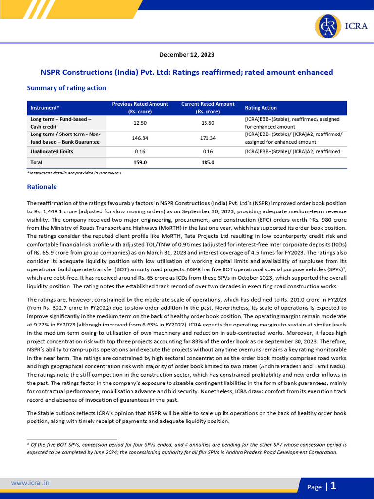 NSPR Constructions (India) Pvt. LTD | PDF | Bond Credit Rating ...
