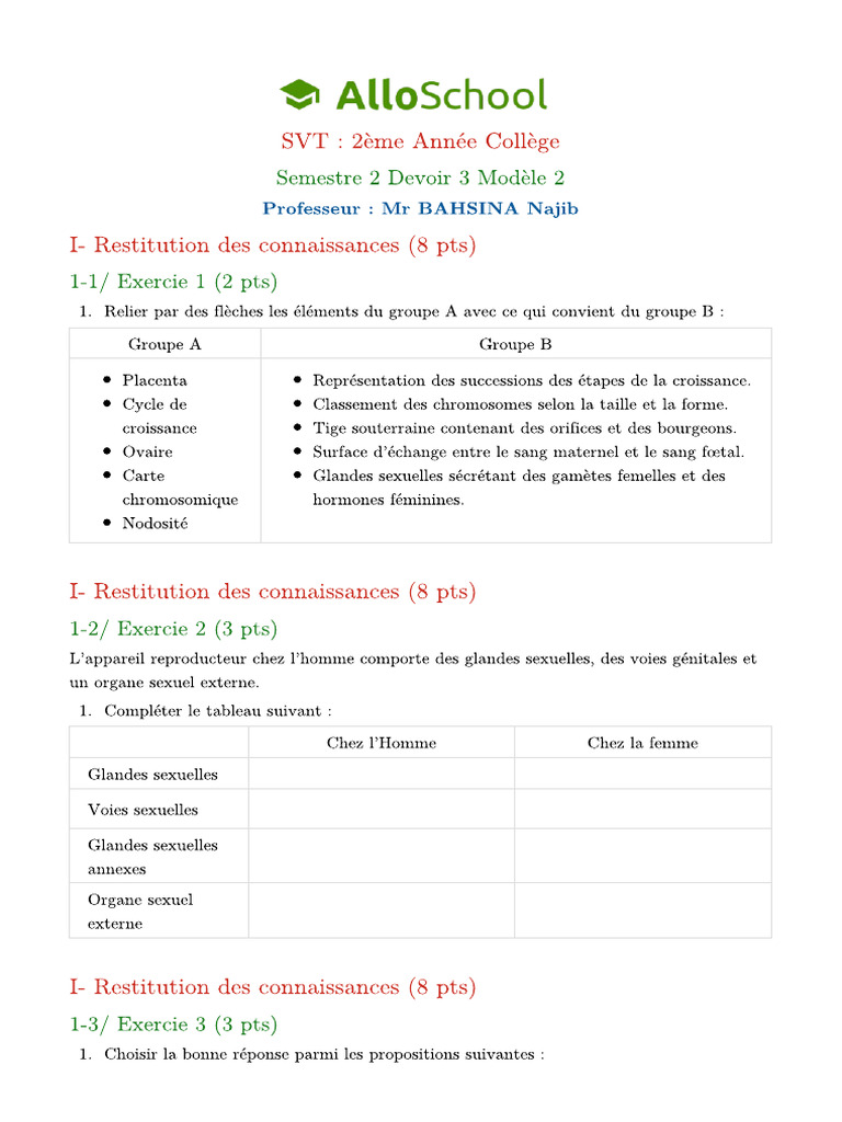 SVT 2ac Semestre 2 Devoir 3 Modele 2 1 | PDF