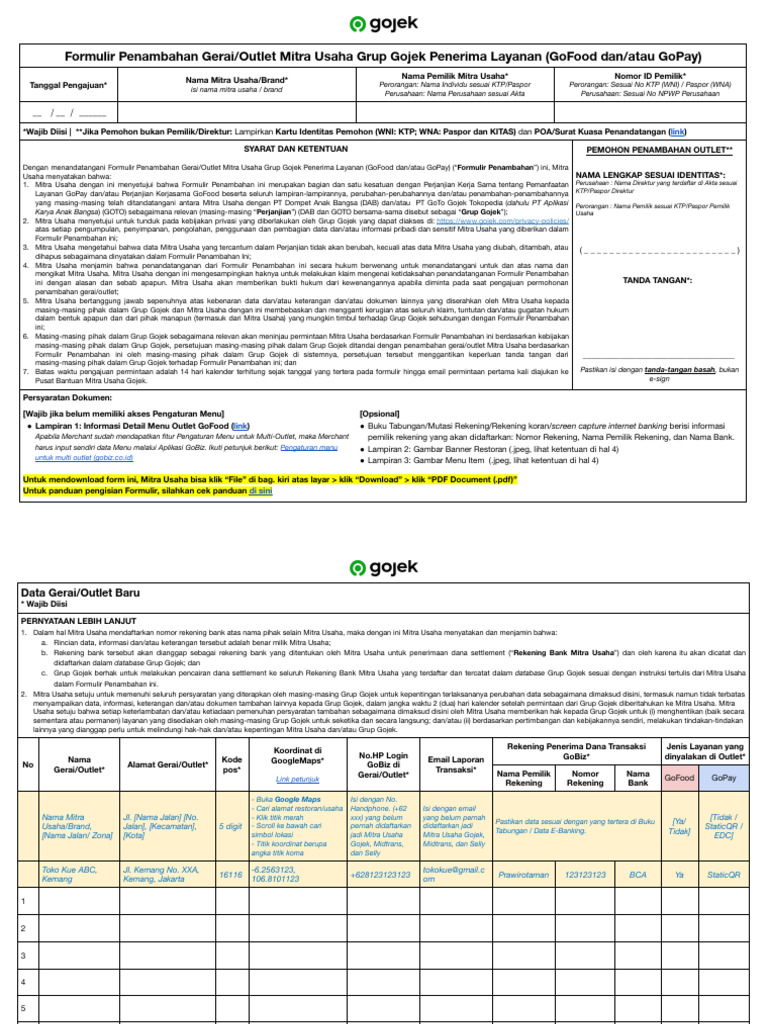 Form Penambahan Outlet GoFood Dan - Atau GoPay (Versi 02.2022) | PDF