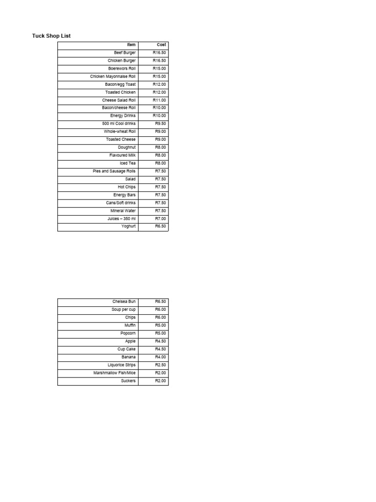 Tuck Shop List | PDF