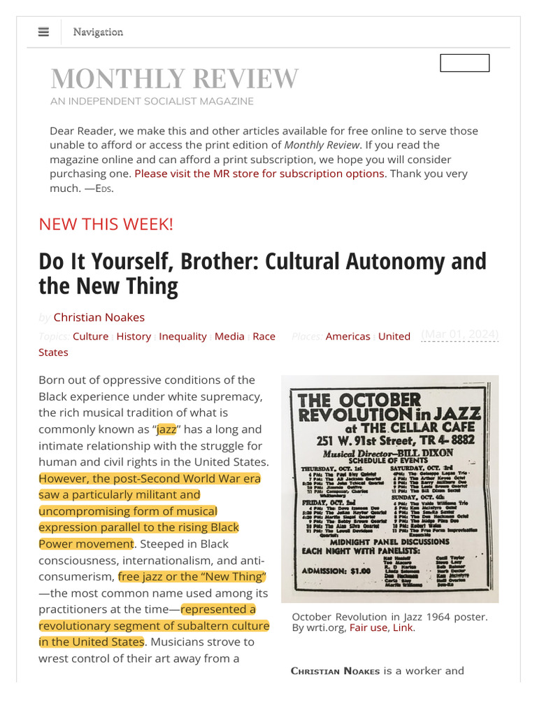 Do It Yourself, Brother: Cultural Autonomy and The New Thing | PDF | Jazz