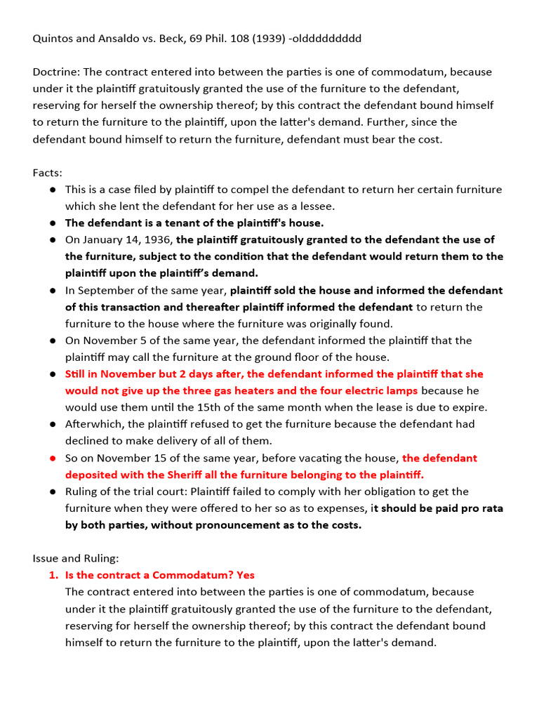 Commodatum Contract Dispute | PDF | Lease | Private Law