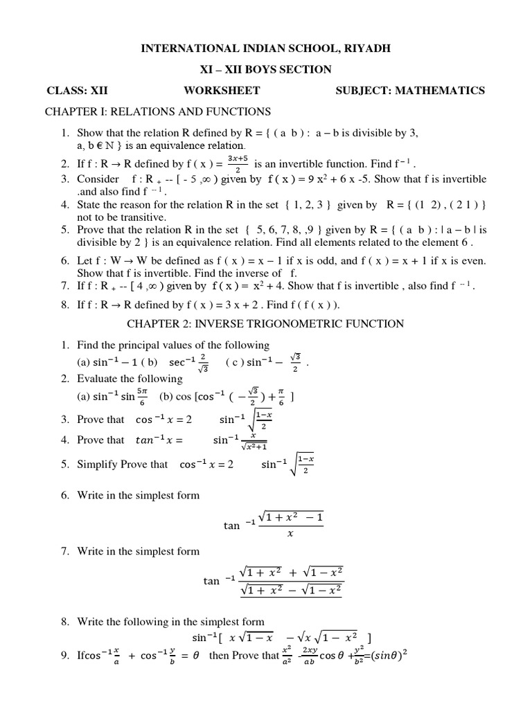 XII_MATHS_W | PDF | Mathematical Concepts | Mathematical Relations