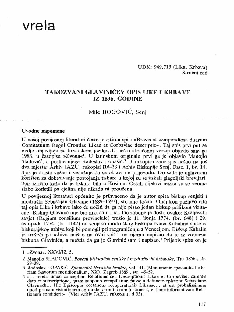 Tzv. Glavinićev Opis Like I Krbave - Bogovic | PDF