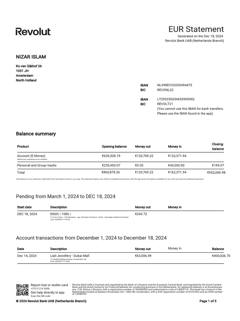Revolut Bank Netherlands EUR Statement | PDF | Banks | Banking Technology