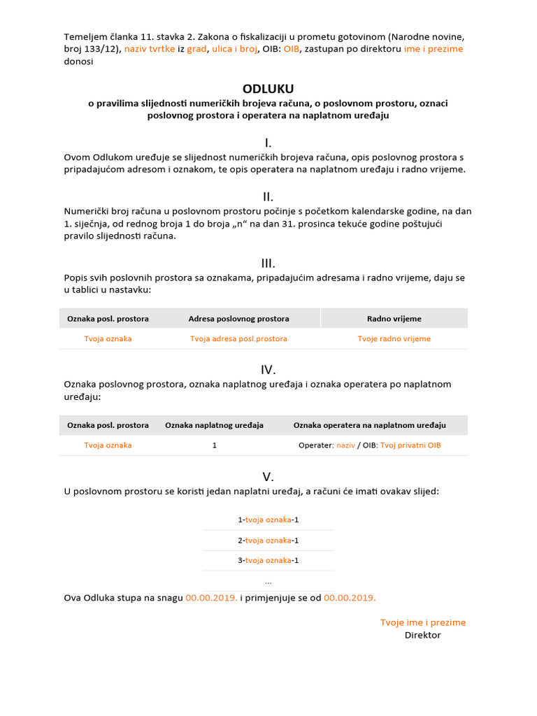 Fiskalizacija Interni Akt Poslovnica | PDF