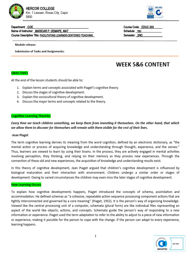 Week 56 Module in Educ 203 | PDF | Cognitive Development | Schema (Psychology)