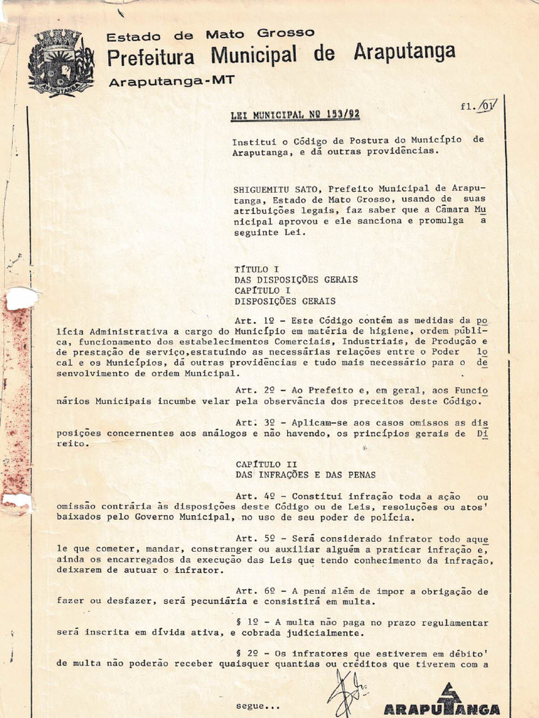 Lei N° 153 Código de Postura Do Município de Araputanga | PDF