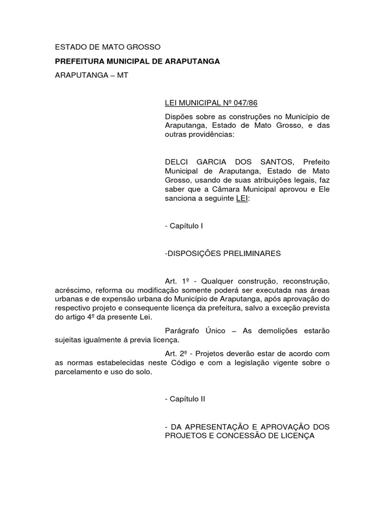 Lei Municipal Nº 047-86 | PDF | Tanque séptico | Desperdício