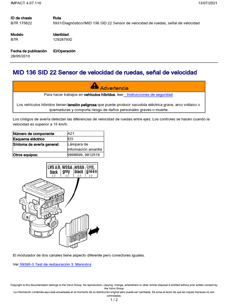 B7R MID 136 SID 22 Sensor de Velocidad de Ruedas, Señal de Velocidad ...