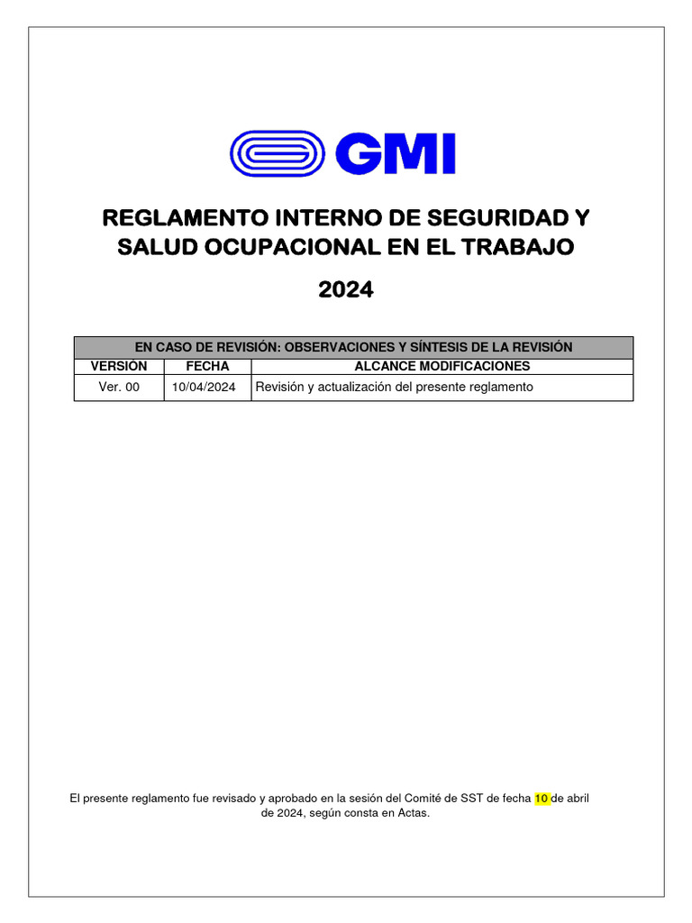REG-SSO-001 Reglamento Interno de Seguridad y Salud Ocupacional en El Trabajo - RISSOT 2024 v. 0 ...