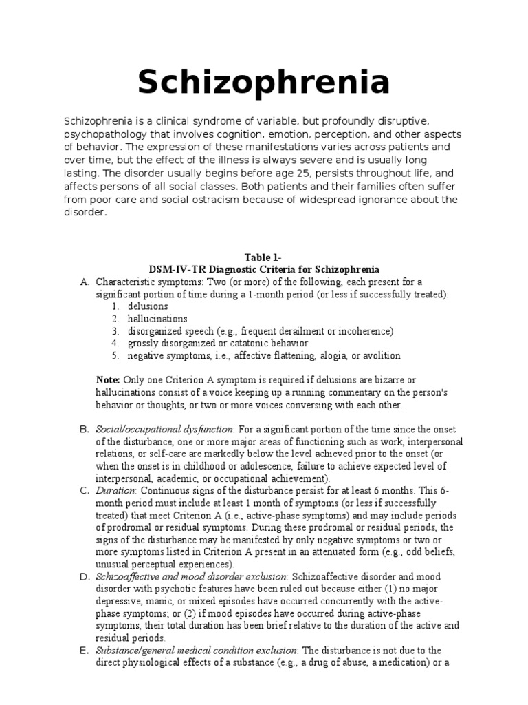 Schizophrenia: Table 1-DSM-IV-TR Diagnostic Criteria for Schizophrenia