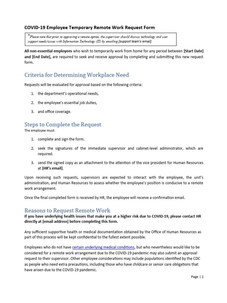 COVID 19 Temporary Remote Work Request Form | PDF | Employment | Human ...