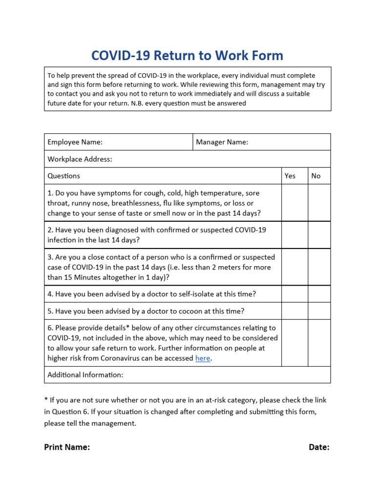 COVID-19 Return to Work Form | PDF