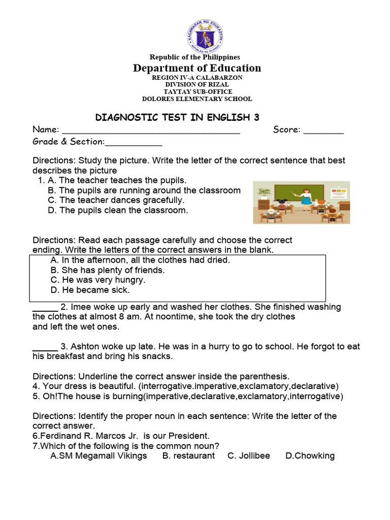 Diagnostic Test in English 3 Q1 | PDF | Sentence (Linguistics ...