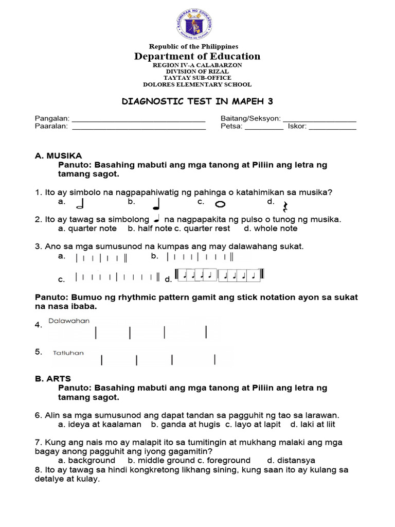 Diagnostic Test in Mapeh 3 Q1 | PDF