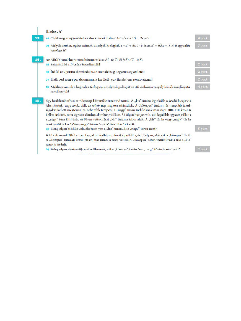 Matematika A - Feladatsor II - Rész | PDF