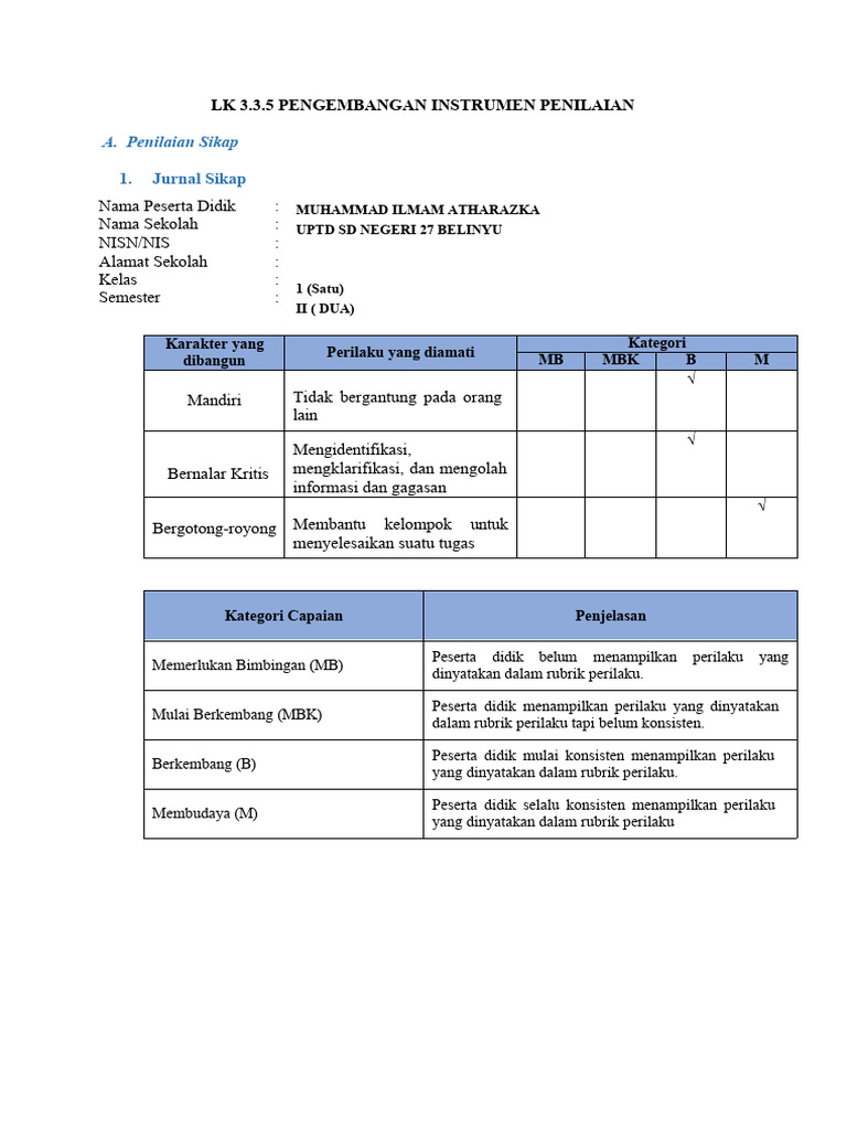 Contoh Instrumen Penilaian KURIKULUM Merdeka | PDF