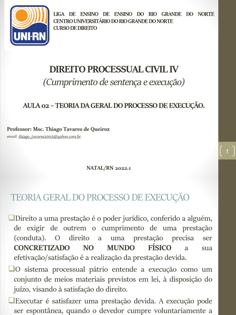 DPC IV - Execução - UNIRN - AULA 02 | PDF | Sentença (jurídico) | Pena ...