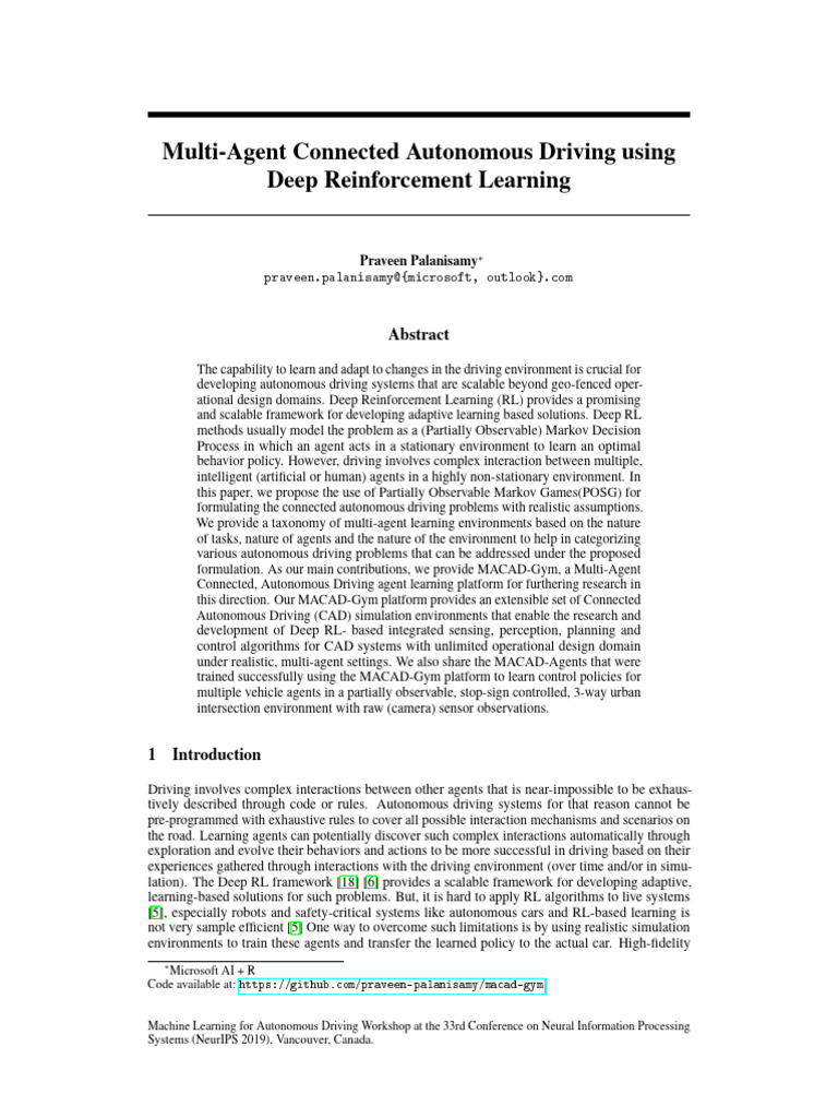 Multi-Agent Connected Autonomous Driving using Deep Reinforcement Learning (1) | PDF