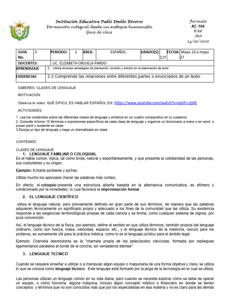 Guia 3. Clases de Lenguaje. 11ºp2 | PDF | Lingüística | Comunicación humana