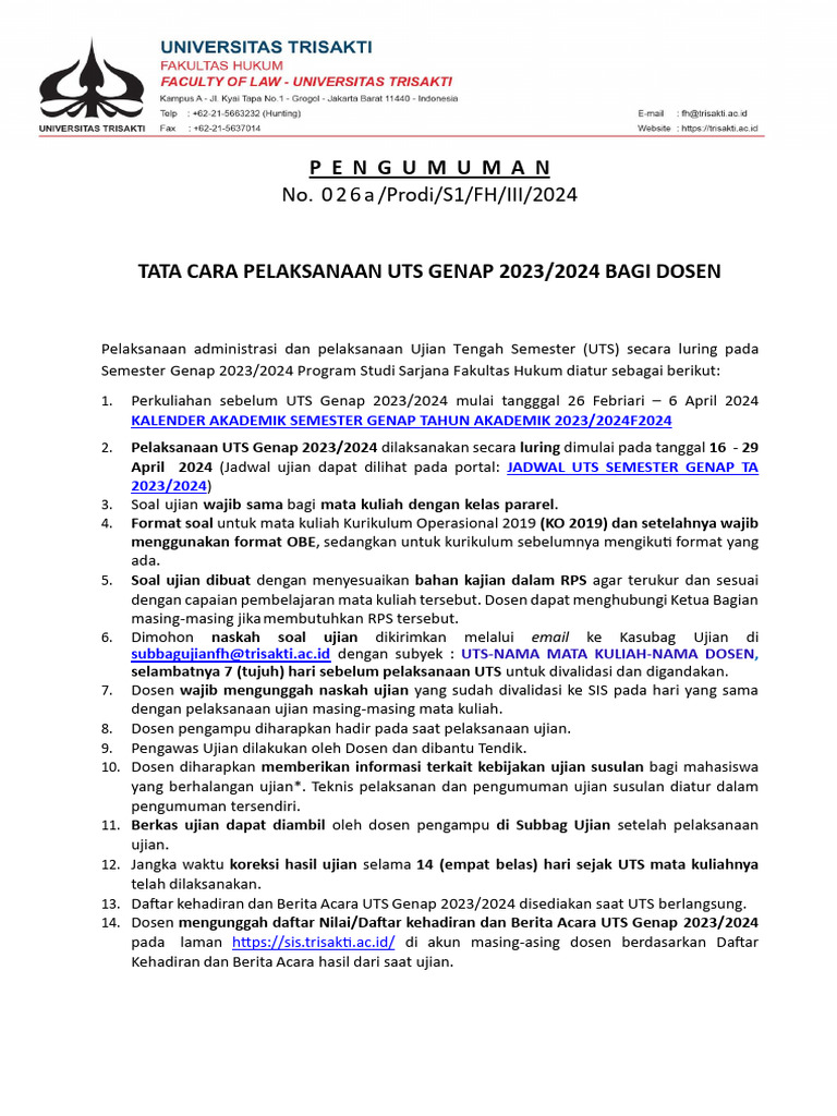 Pengumuman Uts Bagi Dosen Genap 23 - 24 Dan Jawal | PDF