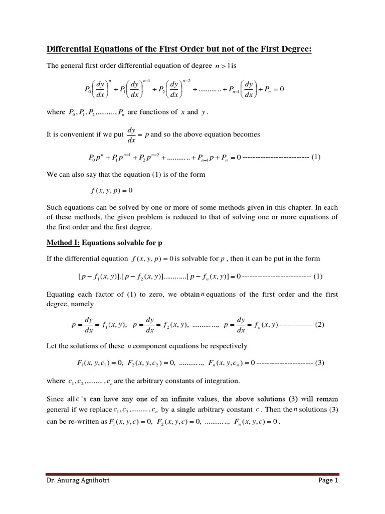Diff. Equ. of First Order But Not of First Degree | PDF | Equations | Differential Calculus