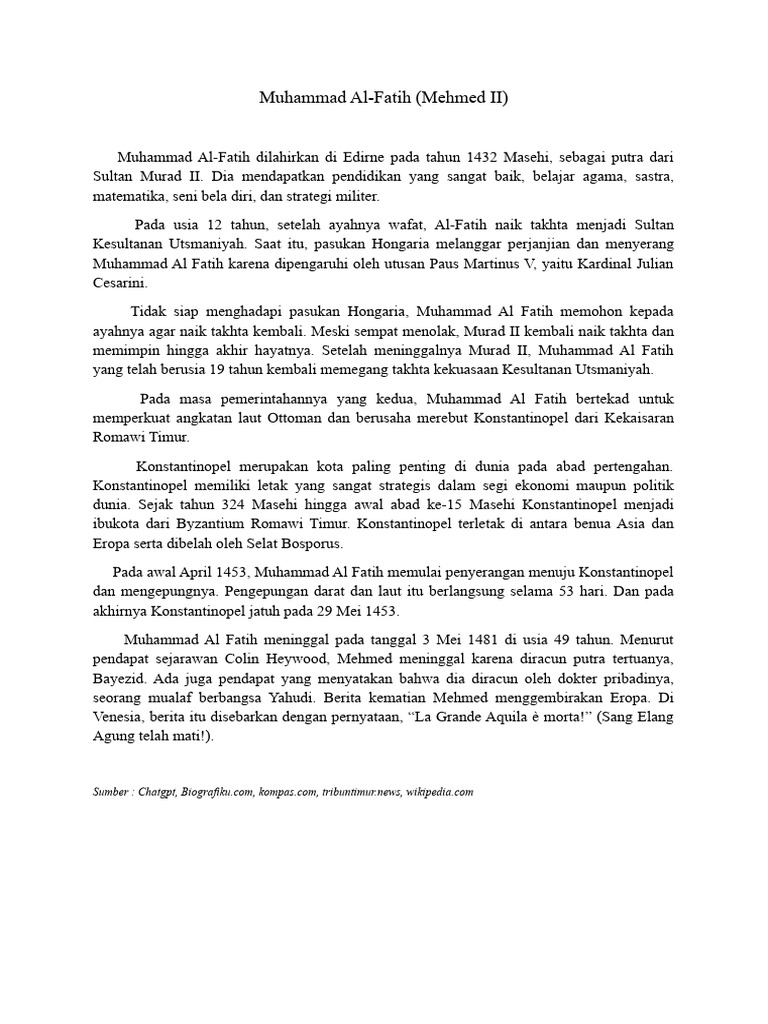 Biografi Sultan Muhammad Al Fatih (Mehmed II) | PDF | Sejarah