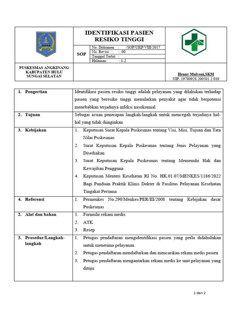 Sop Identifikasi Pasien Resiko Tinggi Pdf