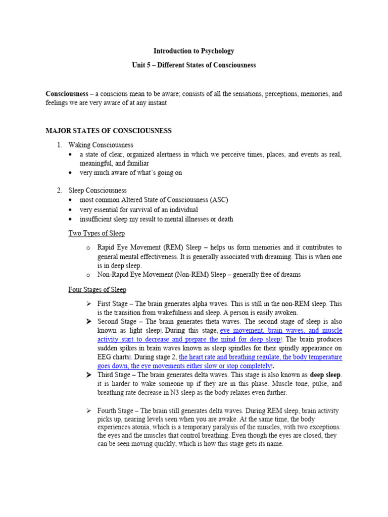 UNIT 5 - Different States of Consciousness | PDF | Sleep | Rapid Eye ...