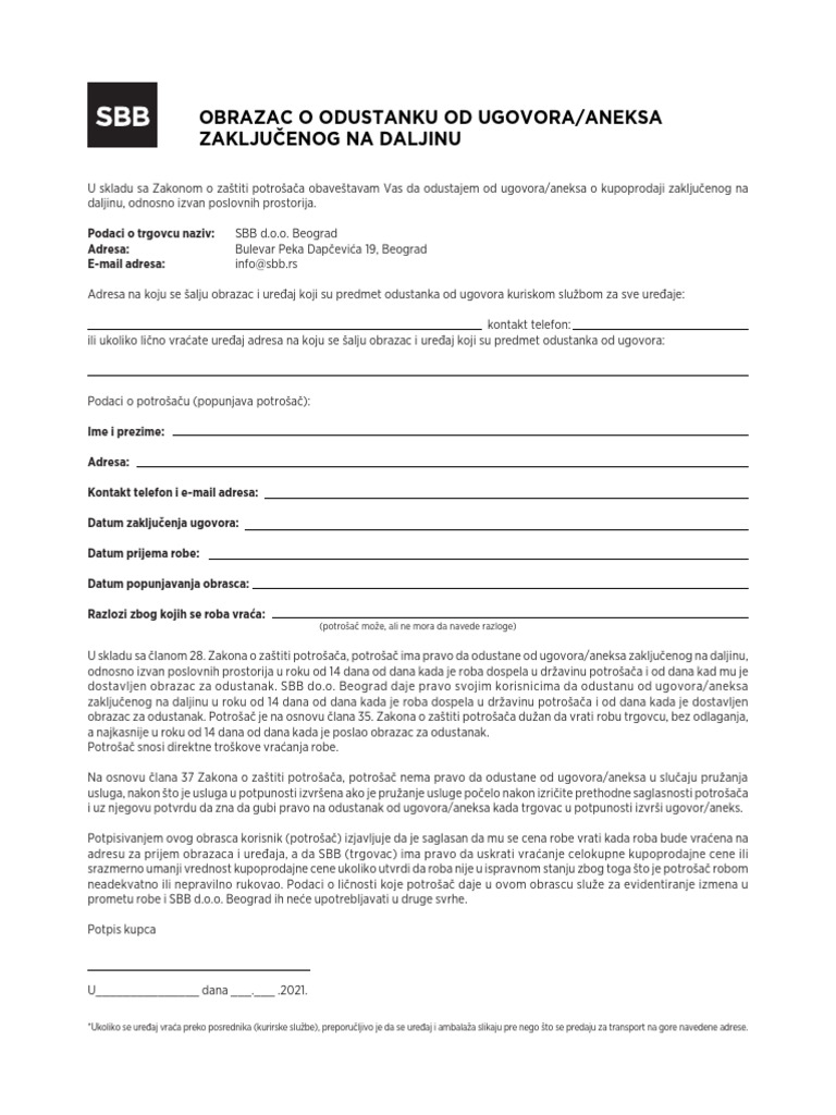 Obrazac o Odustanku Ugovora Zaključenog Na Daljinu | PDF