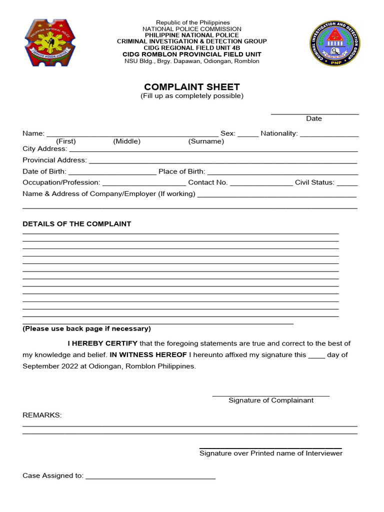 Complaint Sheet-RA 9262 | PDF