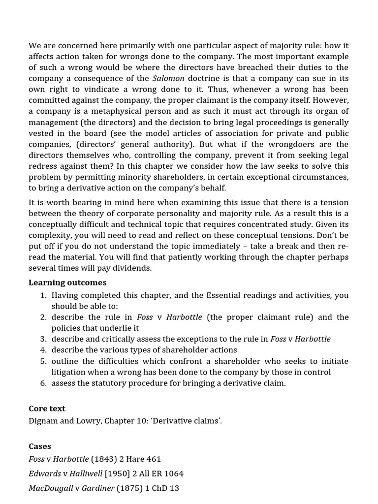 Understanding Foss v Harbottle Rule | PDF | Lawsuit | Board Of Directors