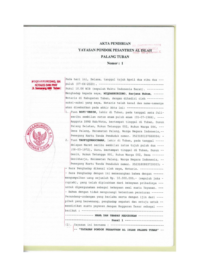 Akta Pendirian Yayasan Al Islah | PDF