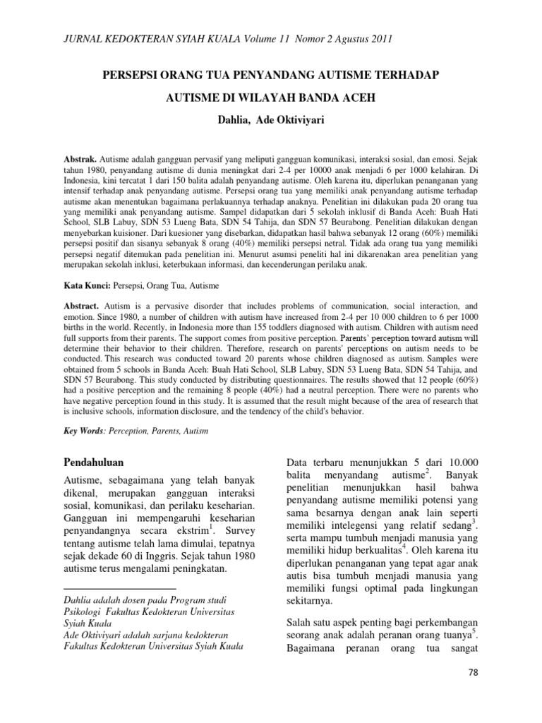 Persepsi Orang Tua Penyandang Autisme Terhadap Autisme Di Wilayah Banda Aceh | PDF | Kesehatan ...