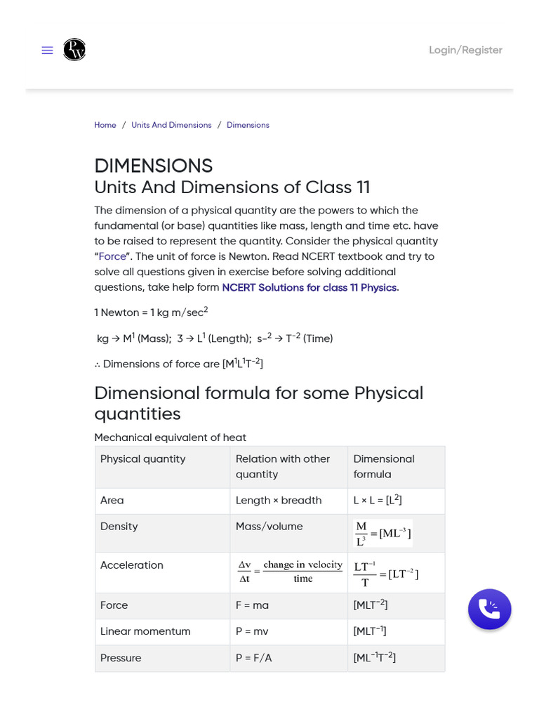 Units and Dimensions of Class 11 Physics - PW | Download Free PDF | Physics | Physical Sciences
