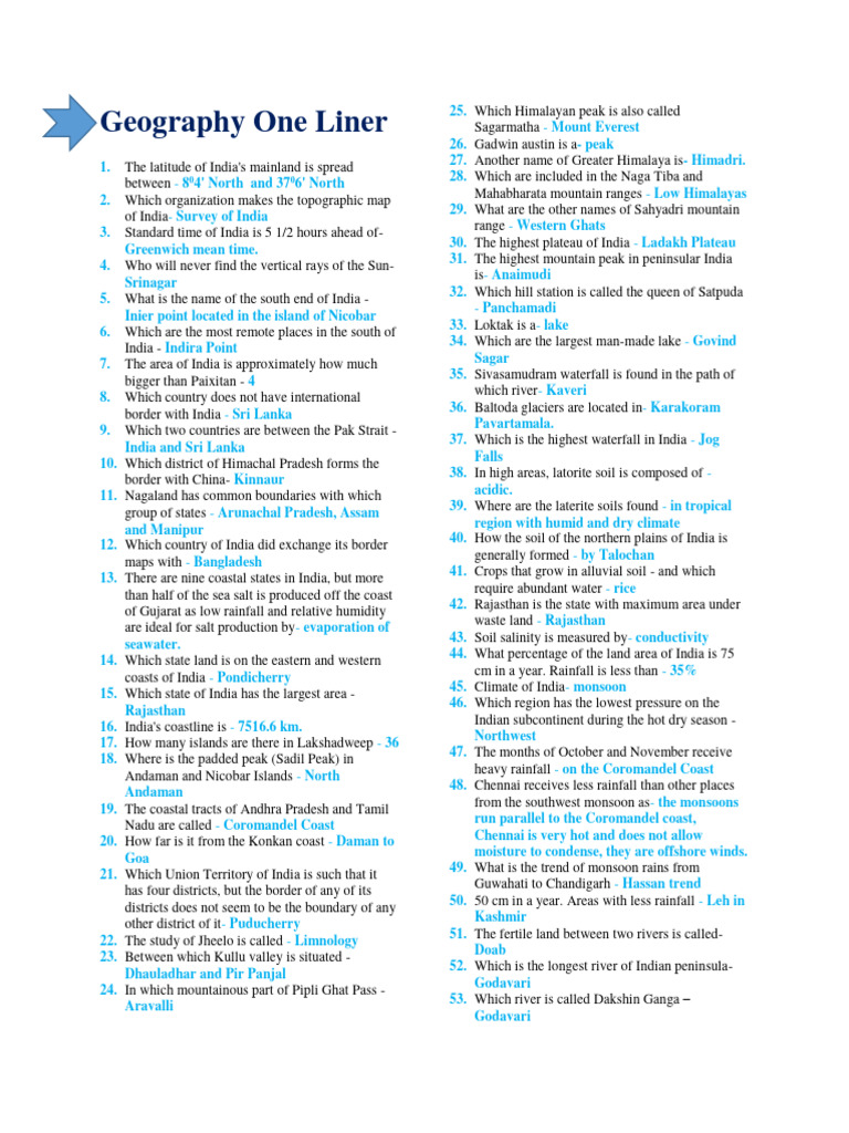 Indian Geography Top One-Liner For WBCS EXAM | PDF | Planets | Earth