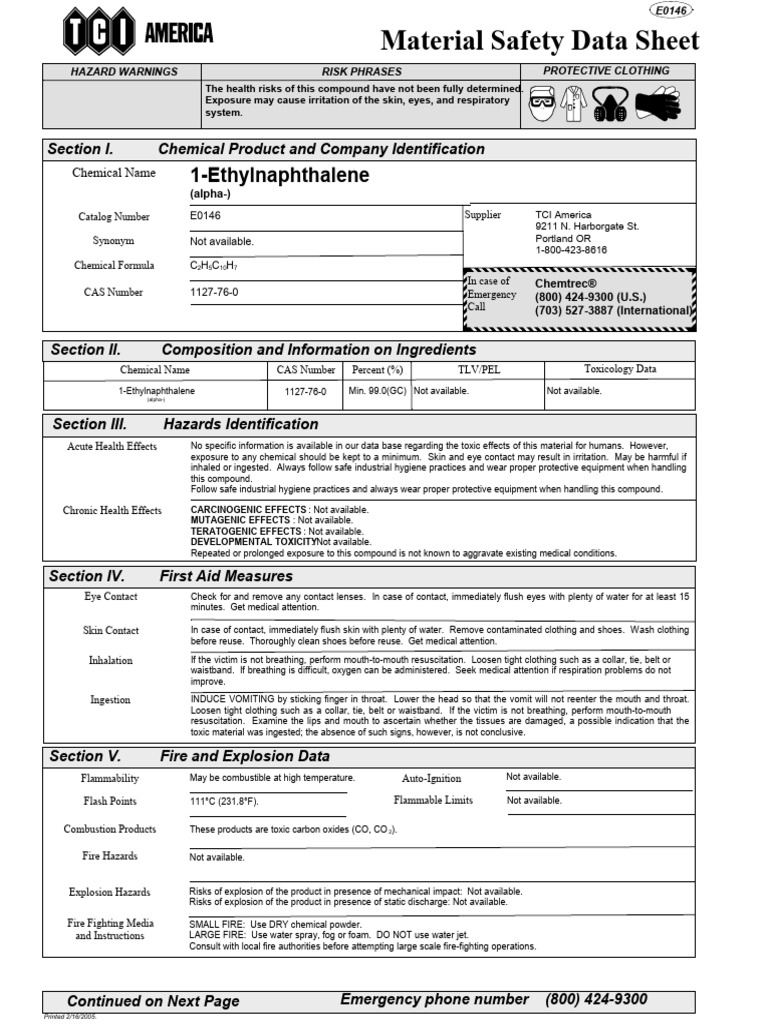 Ethyl Naphthalene Data Sheet | PDF | Toxicity | Personal Protective ...
